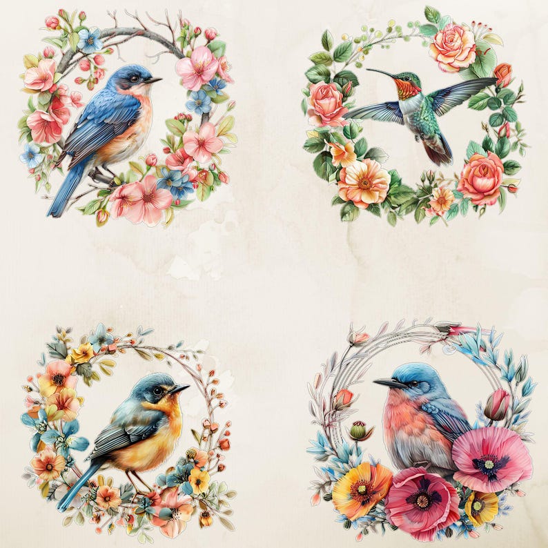 Watercolor Bird Floral Wreath Clipart, Spring Birds PNG (digital ...