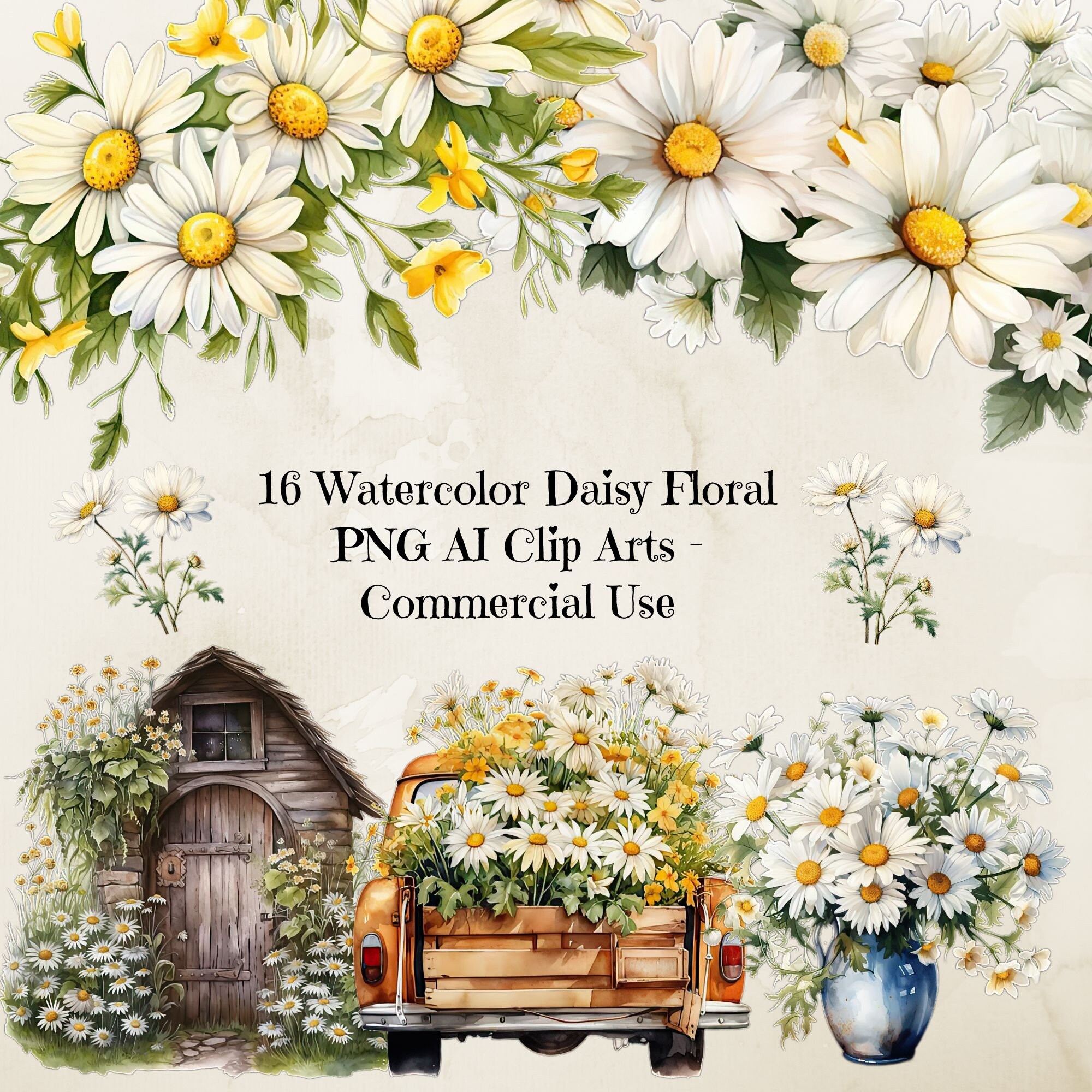 Watercolor Daisy Floral Clipart, Spring Floral Clipart, Wildflowers ...