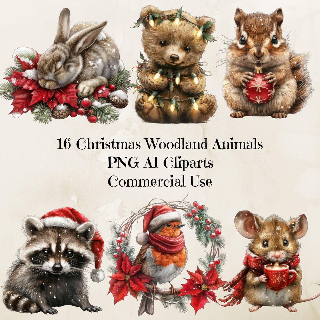 Woodland Christmas Png Clipart Bundle Cute Forest Animals Winter Forest ...