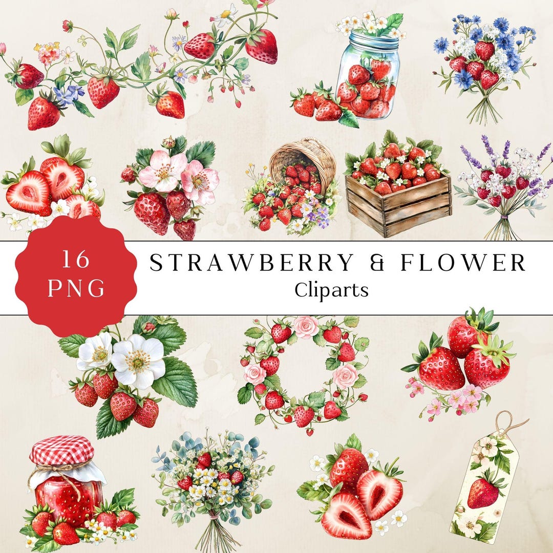 Watercolor Strawberry and Flower Clipart, Floral Elements, Summer ...
