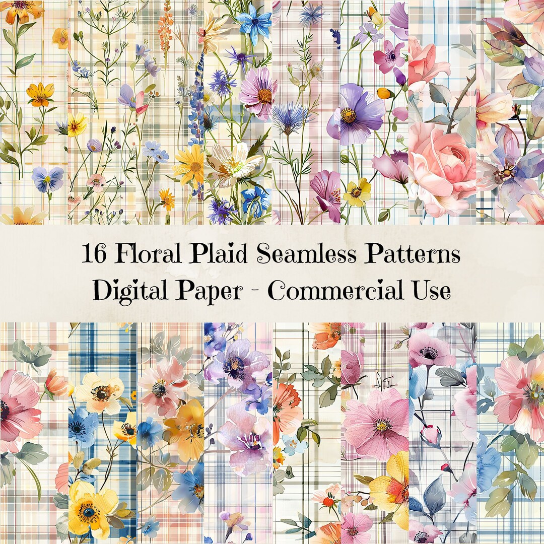 Digital Seamless Floral in Plaid Background, Spring Digital Paper ...