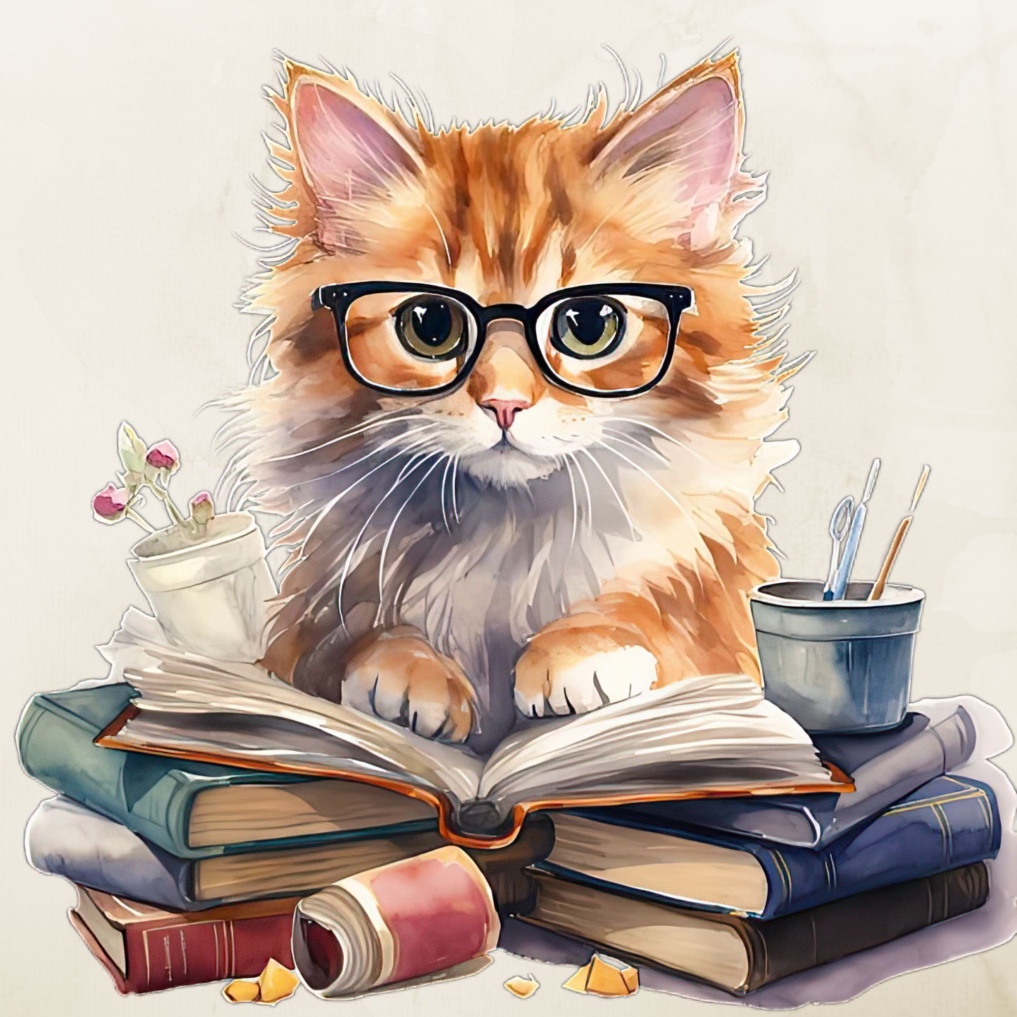 Cat Reading Books Clipart, Watercolor Cats Illustrations, Graphics for ...