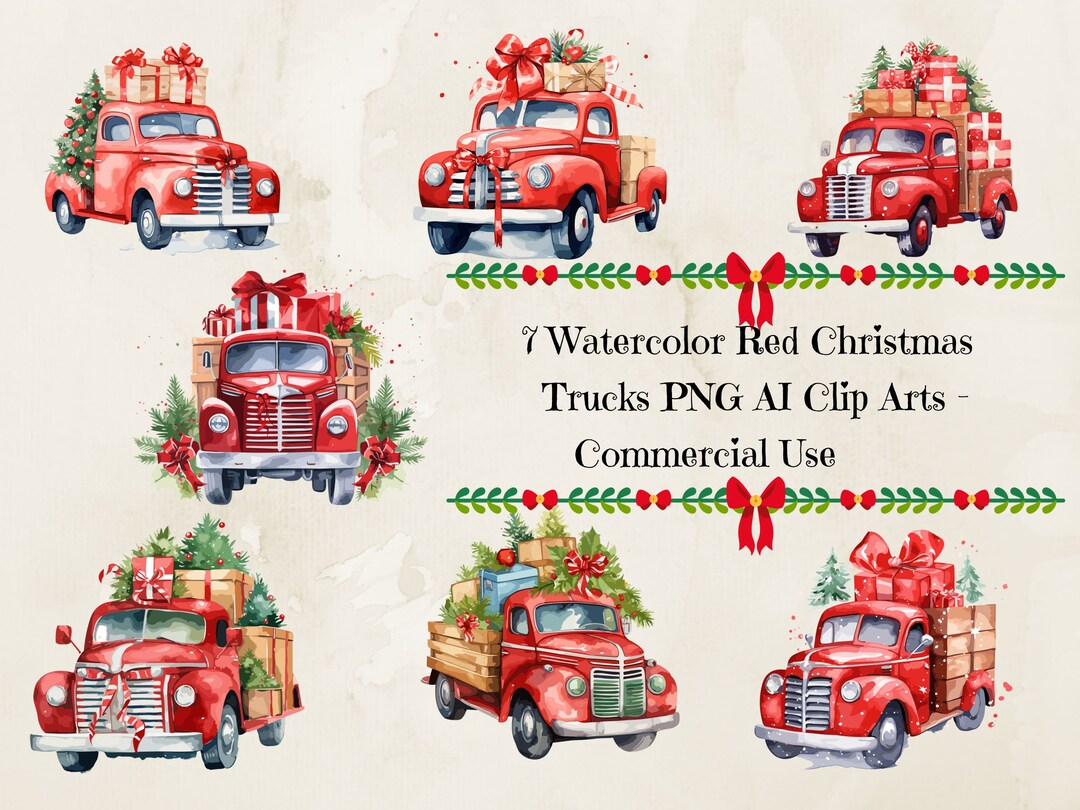 Watercolor Vintage Christmas Truck Clipart, Holiday PNG for Commercial ...