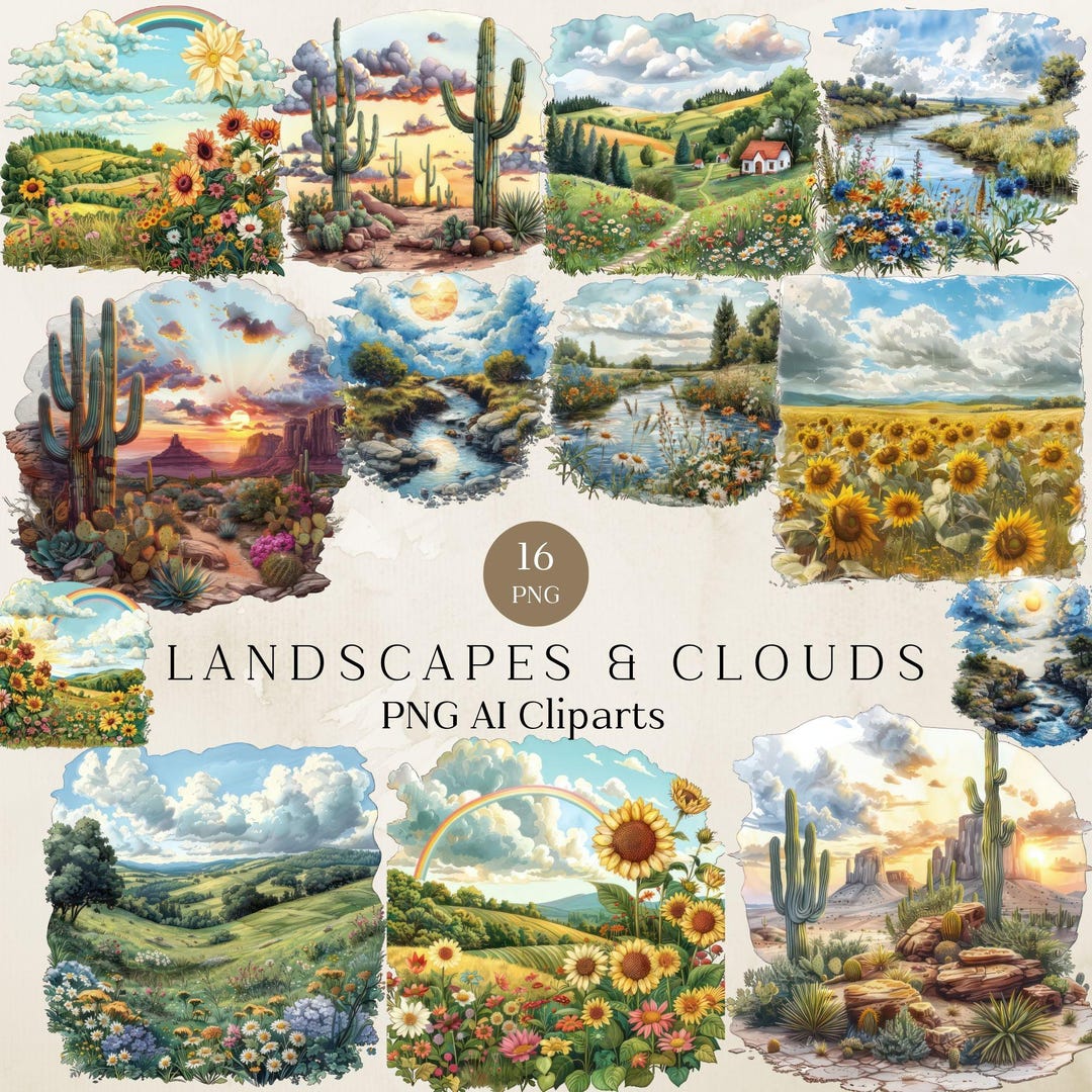 Watercolor Landscapes Clipart, Landscape With Clouds, Beautiful Sky ...