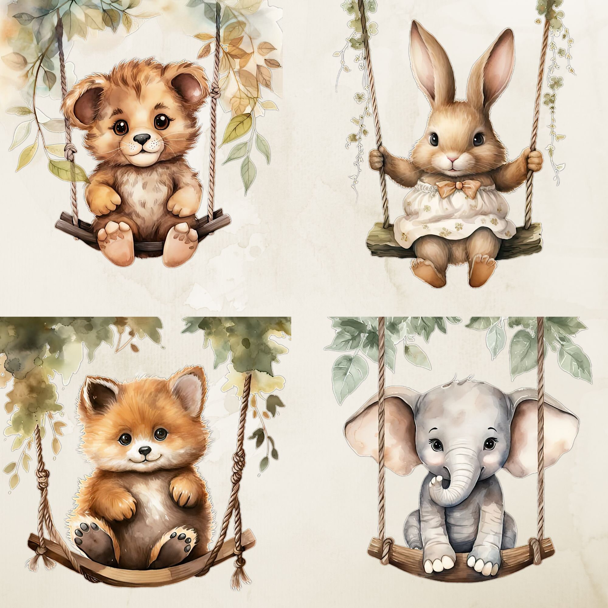 Animals Swing Clipart, Watercolor Baby Animals on Swings Clipart, 10 ...