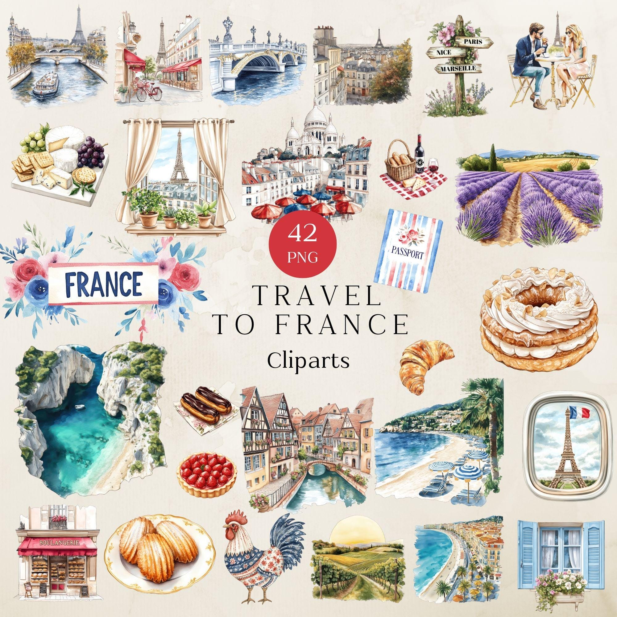 Travel Clipart France, Watercolor Paris Illustrations, Parisian ...