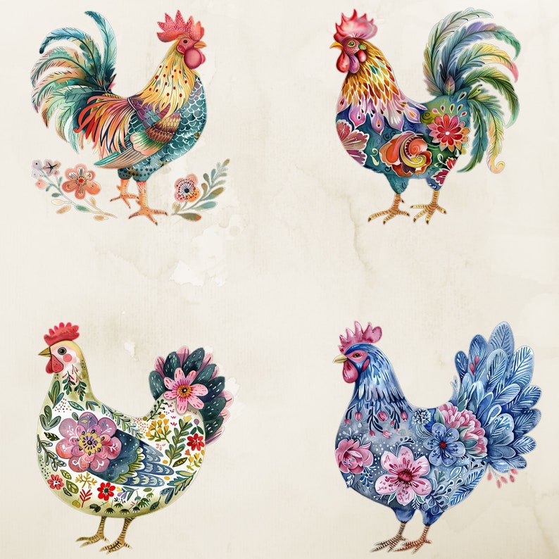 Watercolor Floral Chicken Png, Cardmaking Chickens, Watercolor Rooster ...