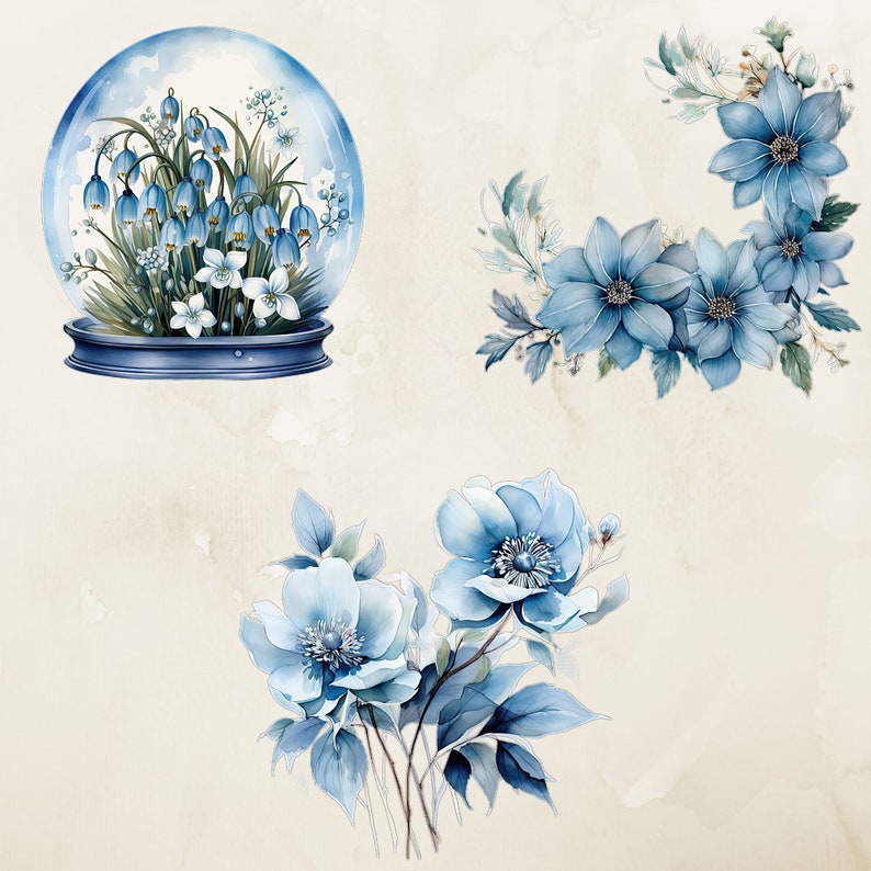 Watercolor Floral Winter Clipart Dusty Blue, Dusty Blue Floral Border ...