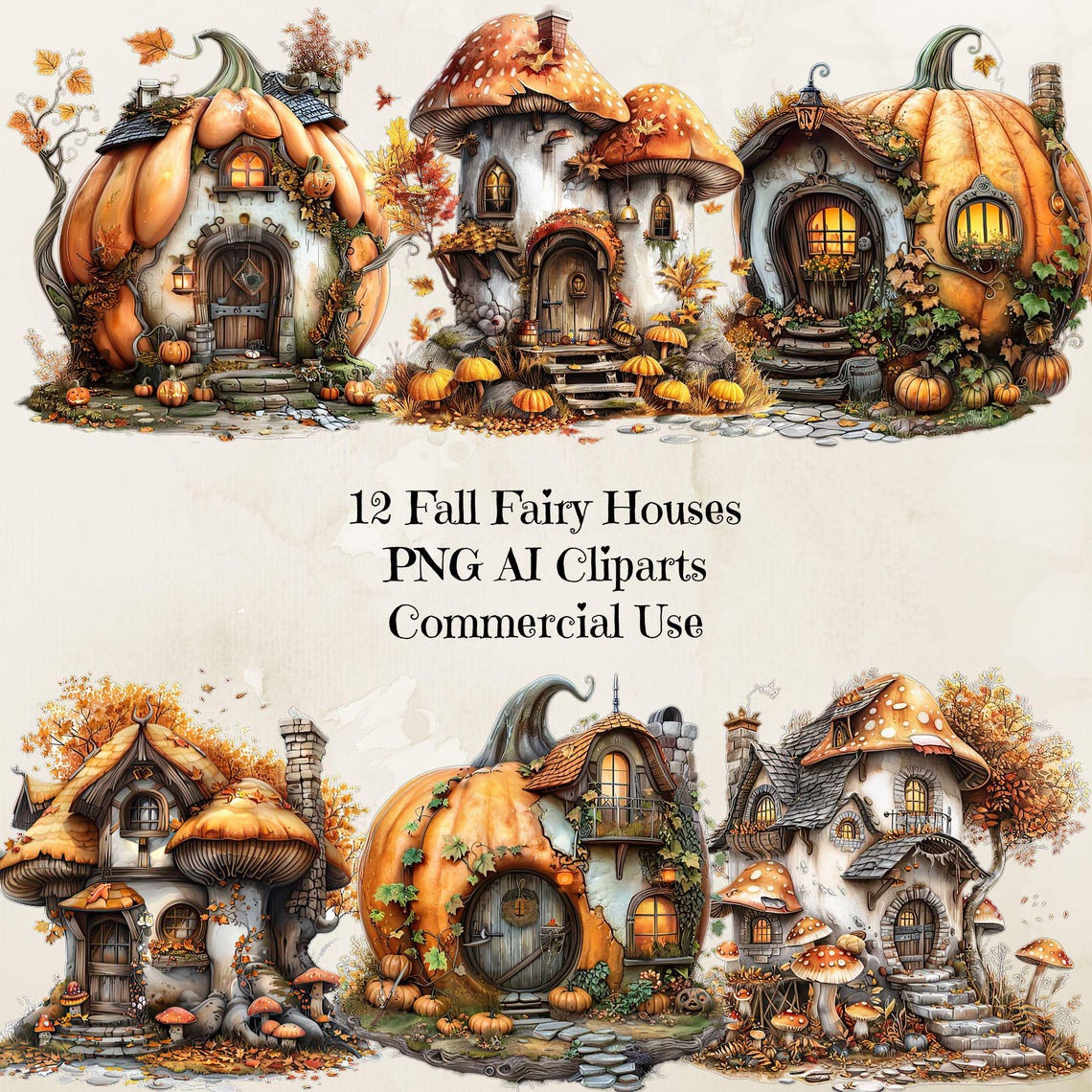 Watercolor Autumn Fairy House Clipart, Pumpkin Fantasy PNG (digital ...