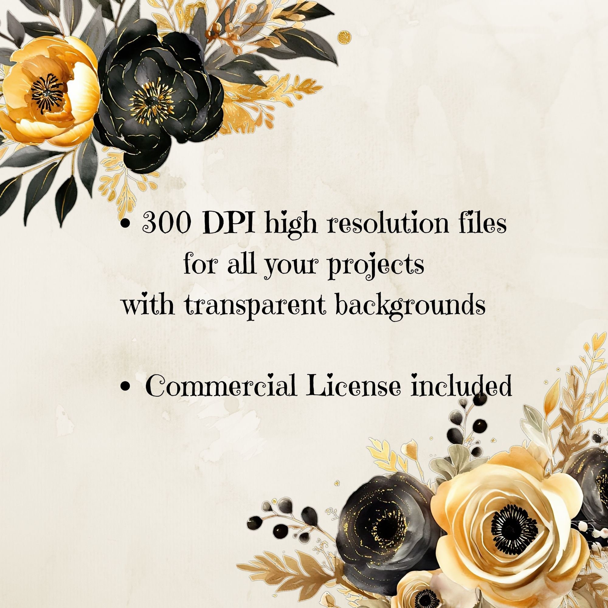 Black and Gold Bouquet Clipart, Watercolor Floral Clipart Bouquets ...