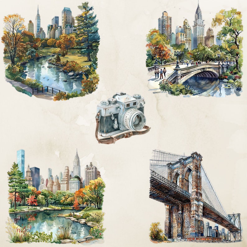 New York Skyline Watercolor Clipart, New York Travel Clip Art, New York ...