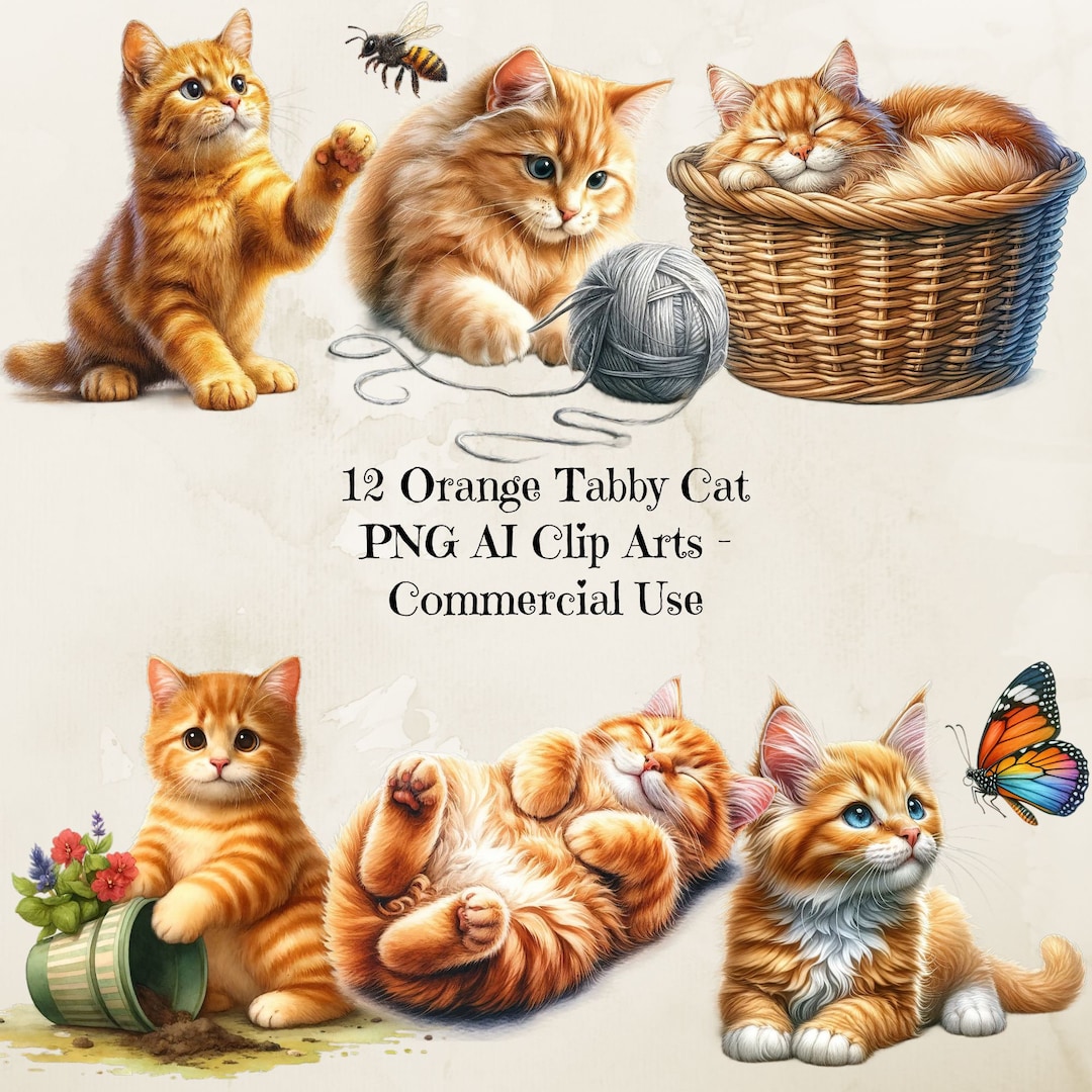 Watercolor Orange Tabby Cat Clipart, Cute Cat Clipart, Watercolor Tabby ...