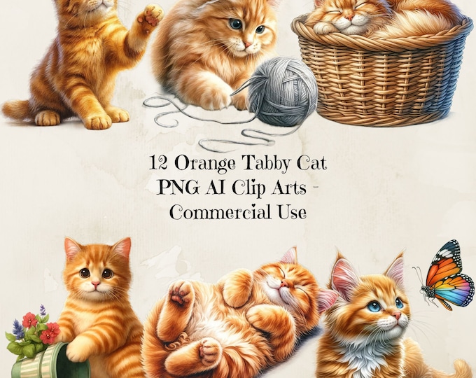 Ginger Tabby Cat Clipart | Watercolor Tabby Cat Clipart Bundle | Cute ...