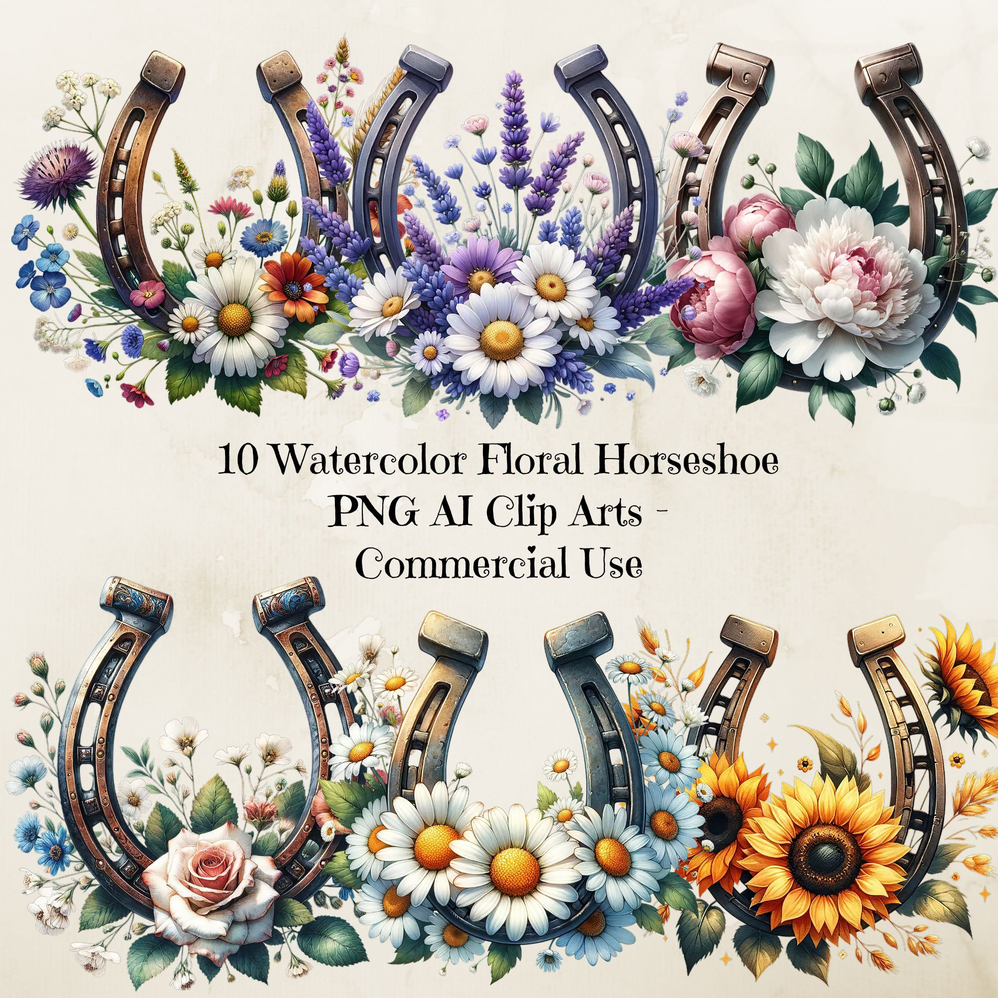 Watercolor Floral Horseshoe Clipart, Horse Lover PNG (300dpi) - Etsy