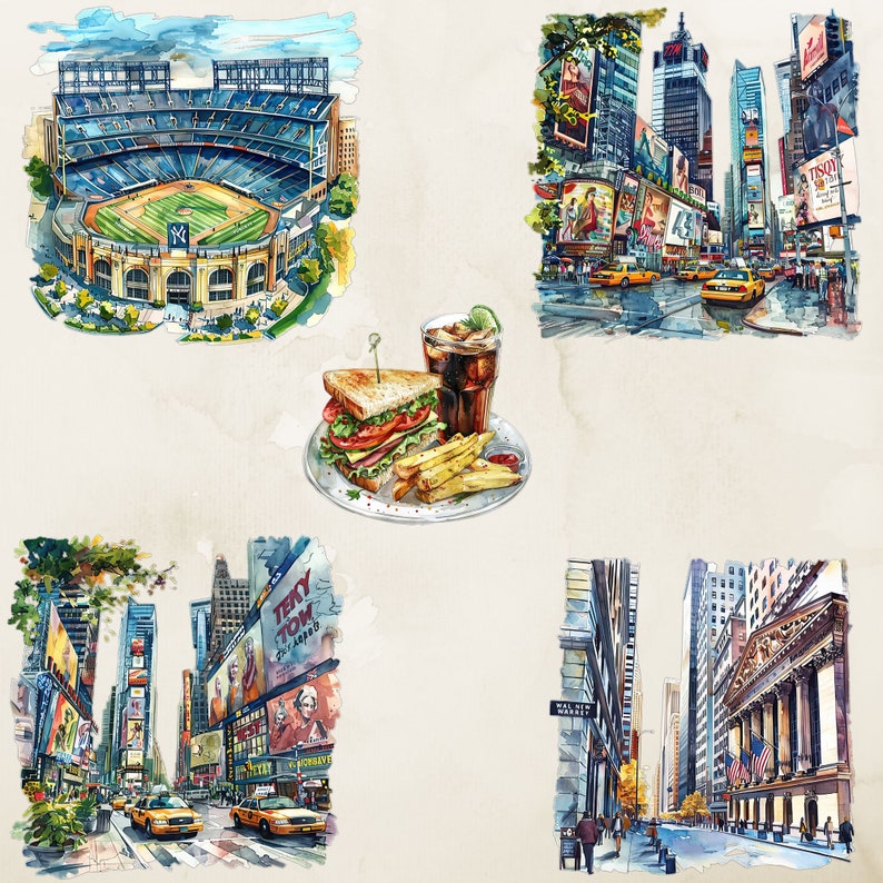 New York Skyline Watercolor Clipart, New York Travel Clip Art, New York ...