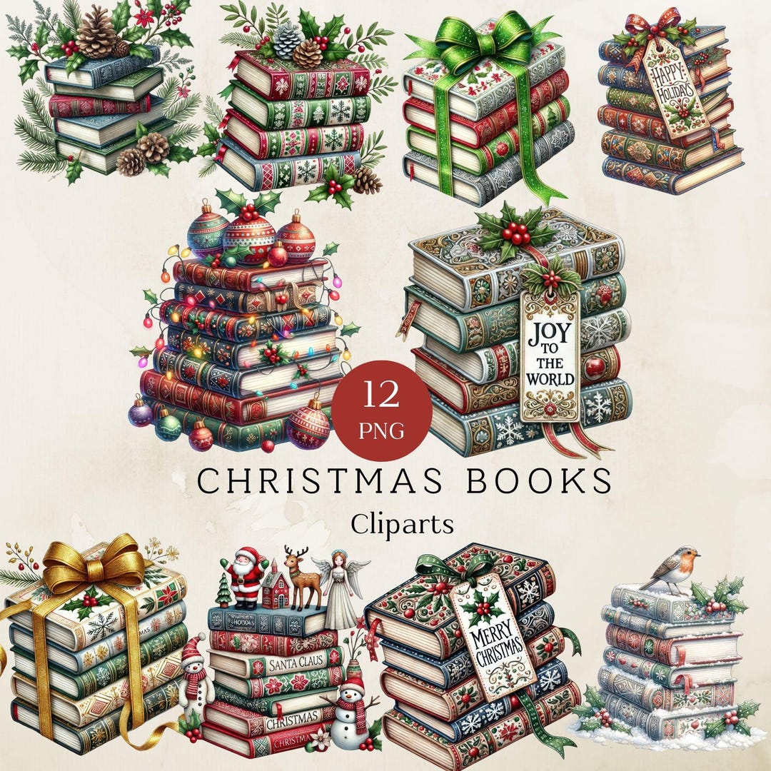 Christmas Book Stack Clipart, Reading Illustrations, Christmas Stacked Book Png, Book Lover Png ...