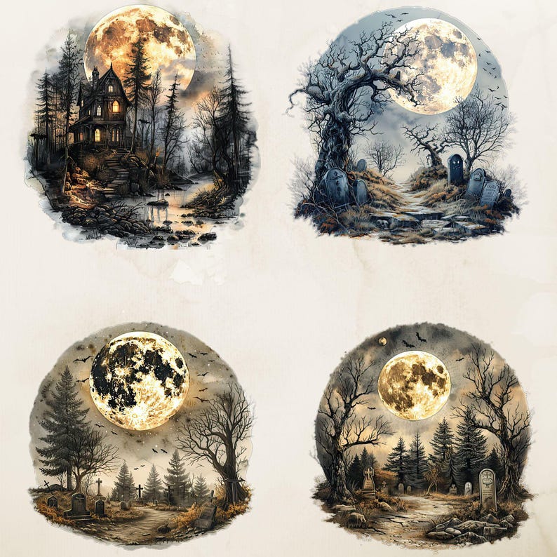 Spooky Full Moon Clipart, Halloween Party Decor, Full Moon Png, Glowing ...