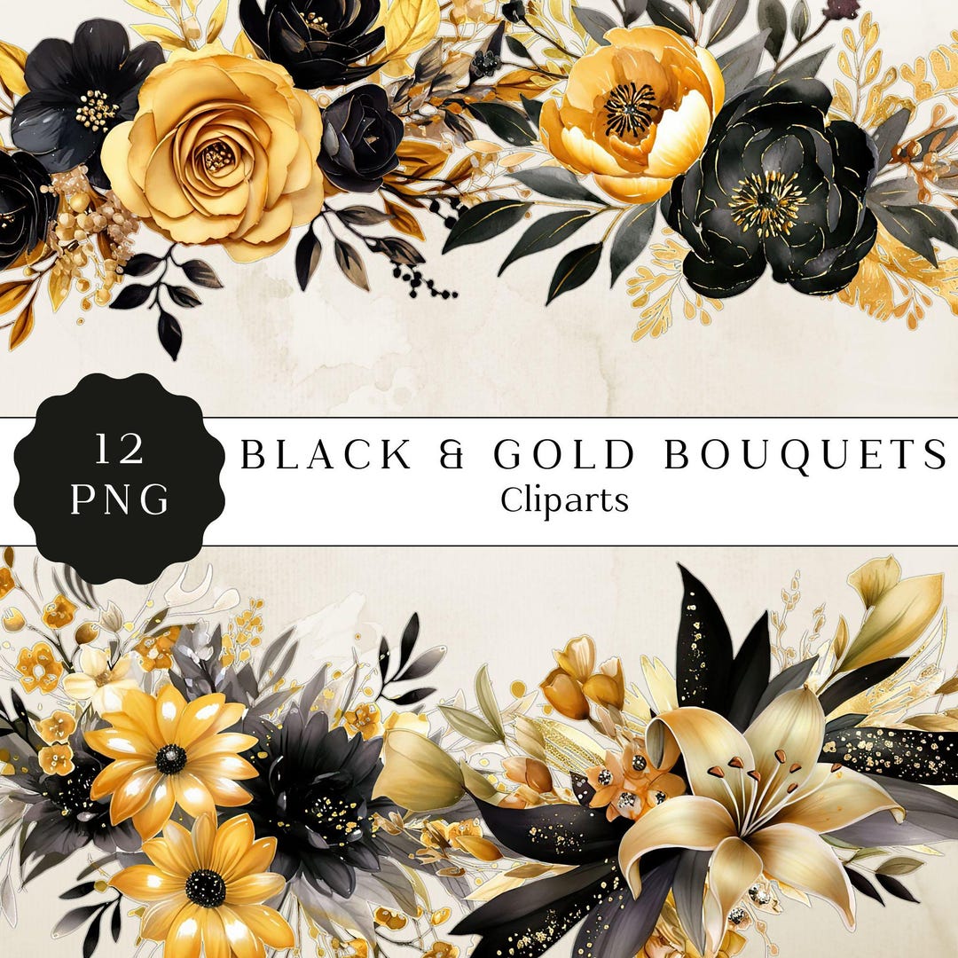 Black and Gold Bouquet Clipart, Watercolor Floral Clipart Bouquets ...
