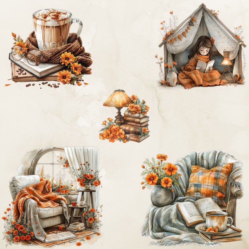 Fall Reading Clipart, Book Lover Fall Clipart, Trendy Bookish Png ...