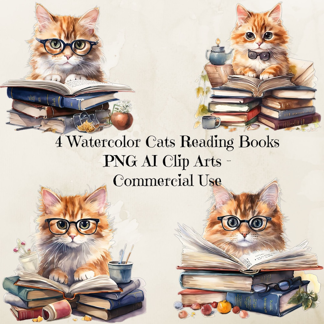 Cat Reading Books Clipart, Watercolor Cats Illustrations, Graphics for ...