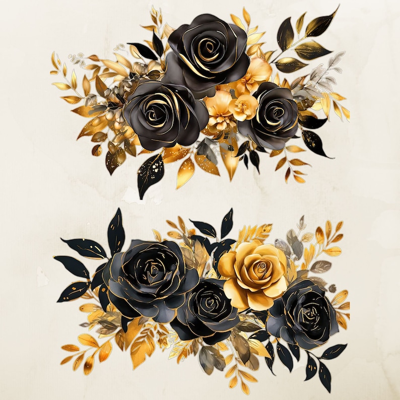 Black and Gold Bouquet Clipart, Watercolor Floral Clipart Bouquets ...