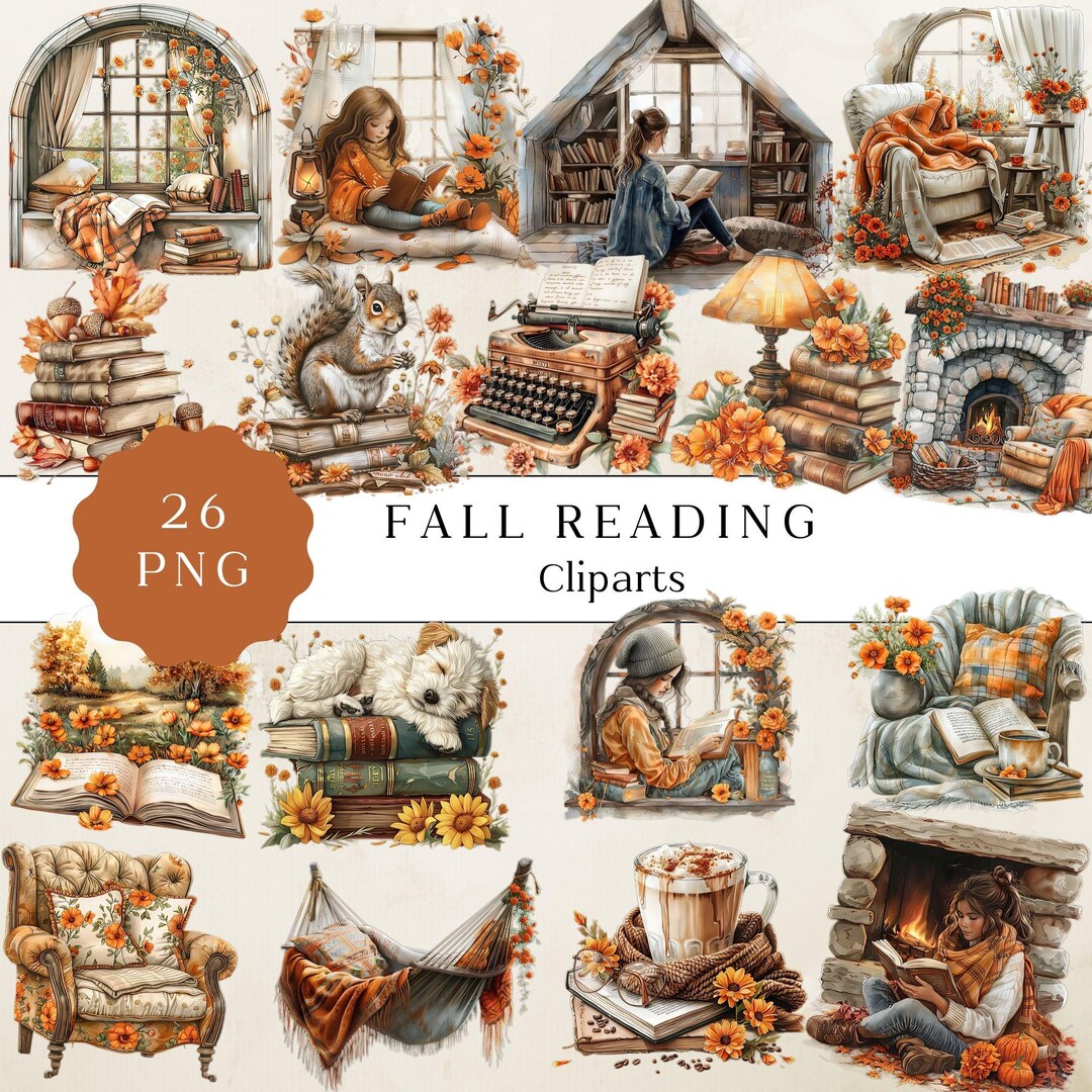 Fall Reading Clipart, Book Lover Fall Clipart, Trendy Bookish Png ...
