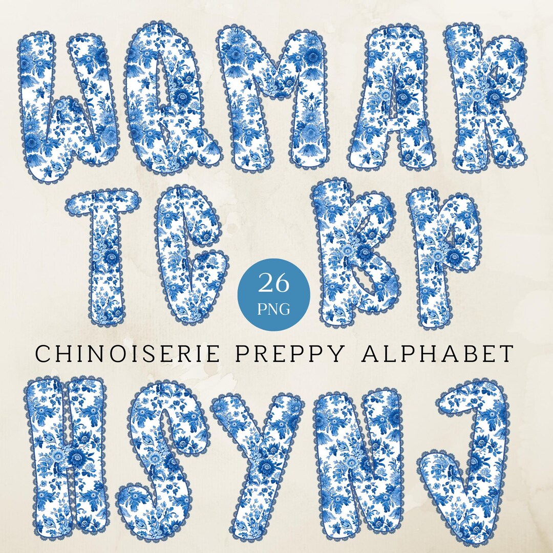 Blue Chinoiserie Floral Alphabet, A-Z Clipart PNG Set (digital Download ...