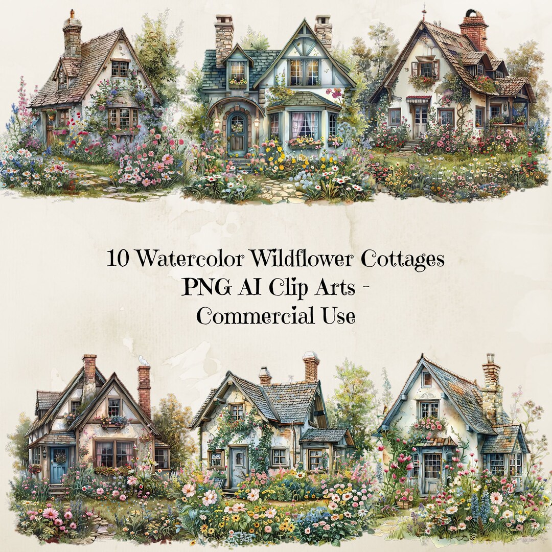 Watercolor Wildflower Cottage Clipart, Rustic Illustrations (digital ...
