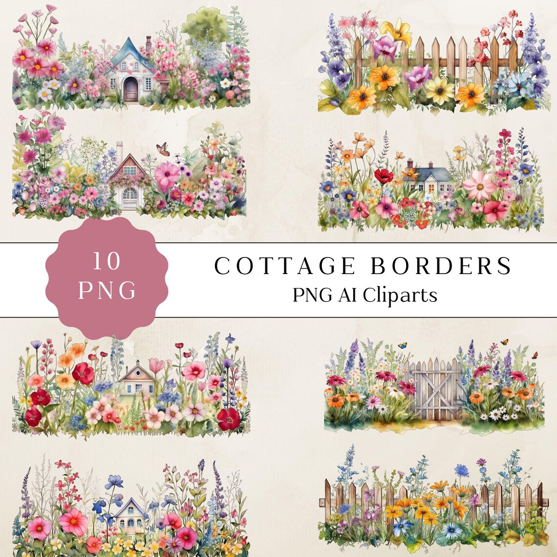Cottagecore Floral Border PNG, Watercolor Botanical Clipart for Card ...