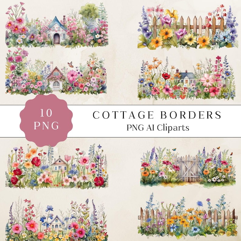 Cottagecore Floral Border PNG, Watercolor Botanical Clipart for Card ...