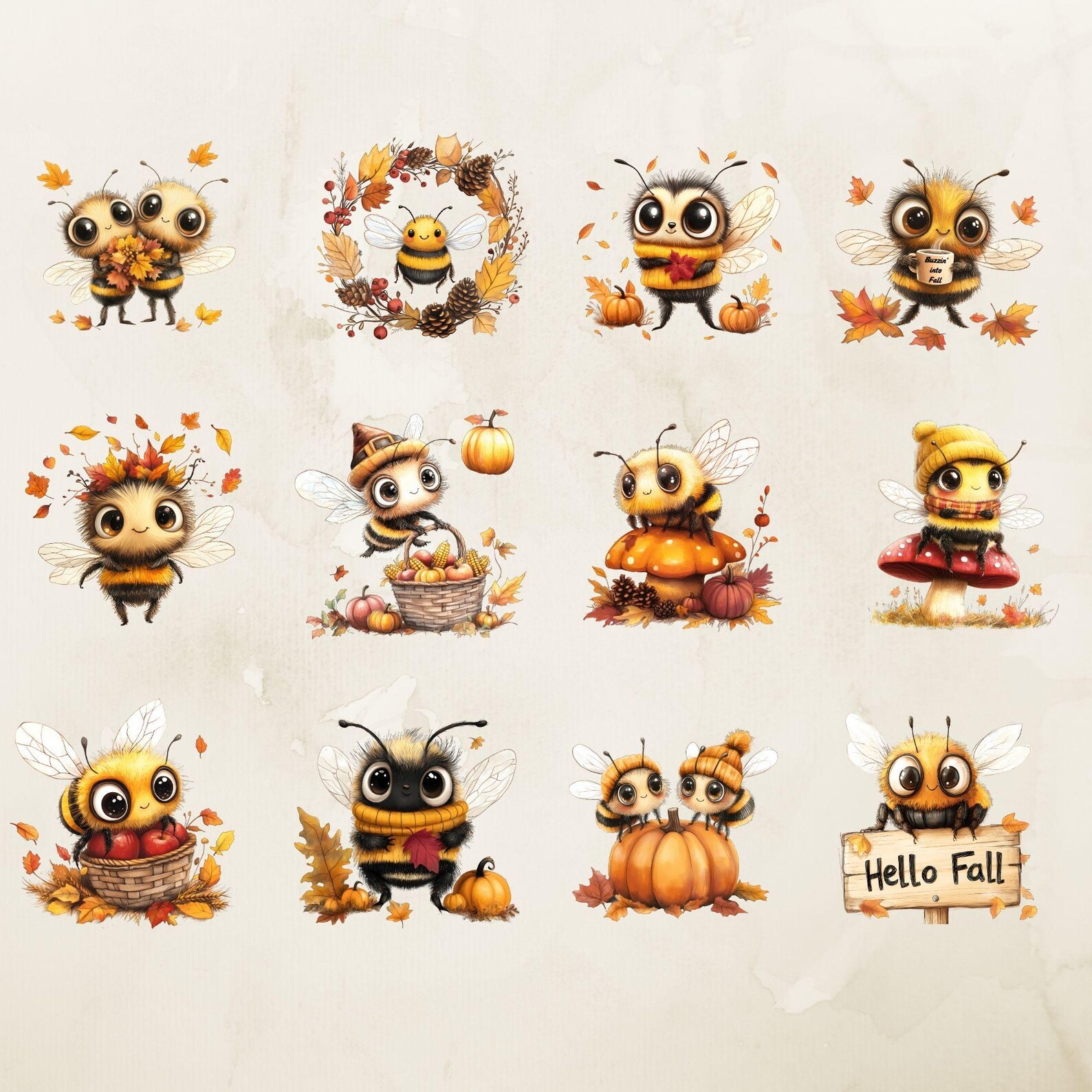 Clipart Autumn Bees, Fall Bees Digital Illustrations, Cute Nature PNG ...