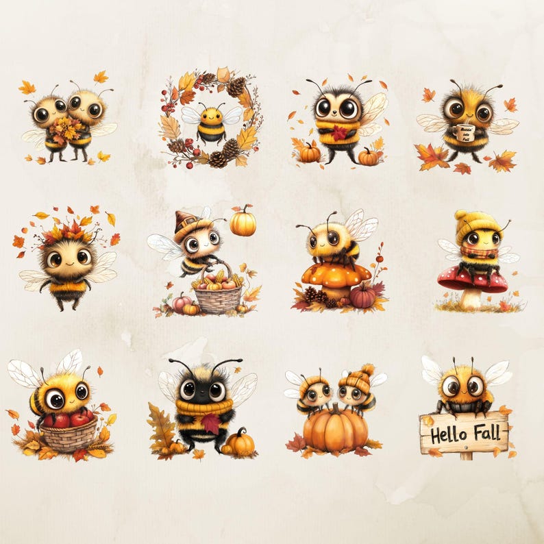 Clipart Autumn Bees, Fall Bees Digital Illustrations, Cute Nature PNG ...