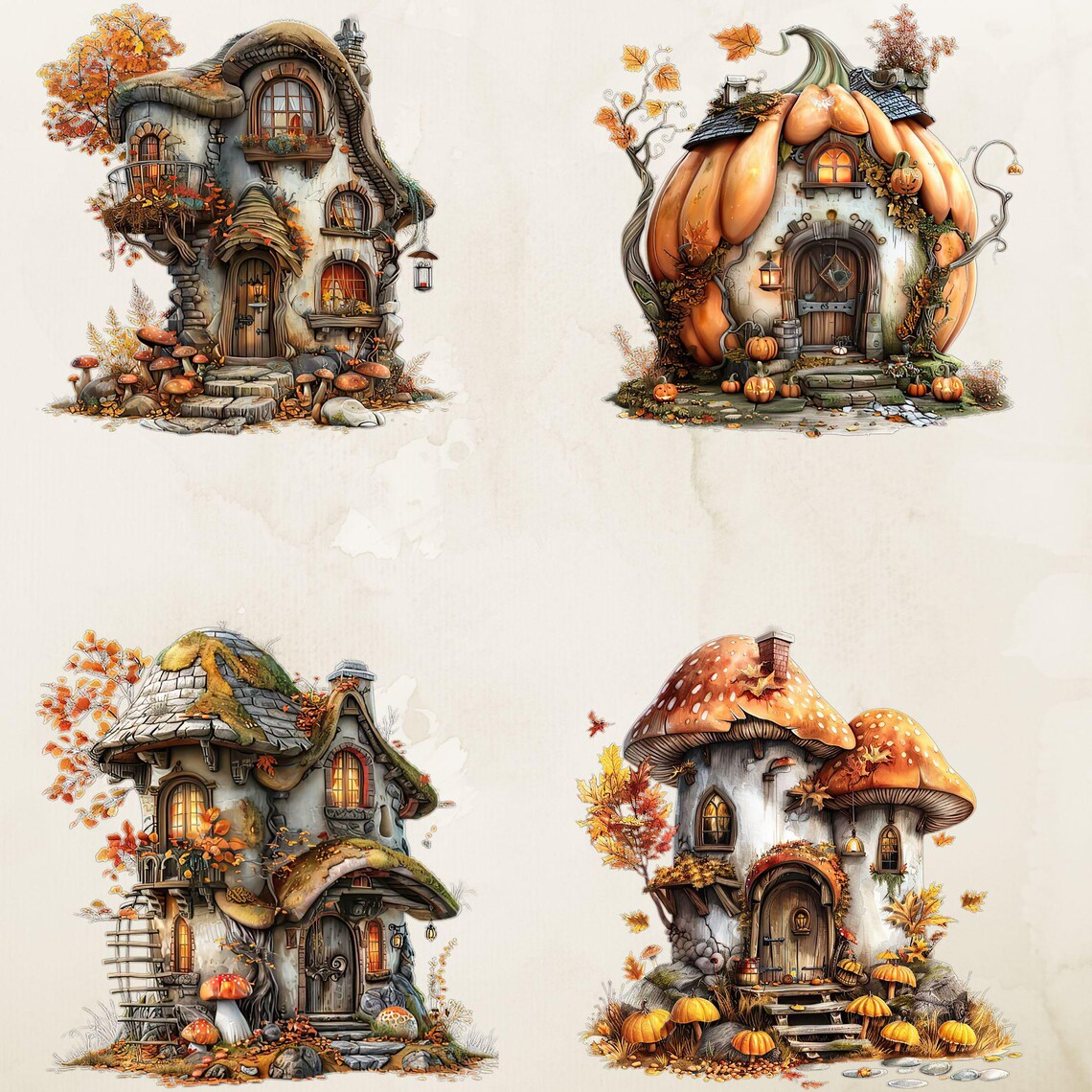 Watercolor Autumn Fairy House Clipart, Pumpkin Fantasy PNG (digital ...