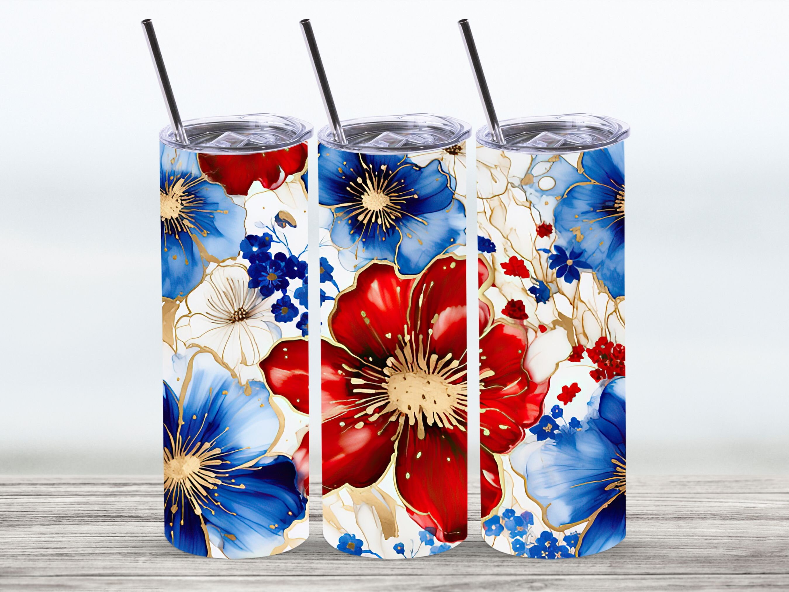 Red White and Blue Flower Digital Paper, Red White Blue Flowers Repeat ...