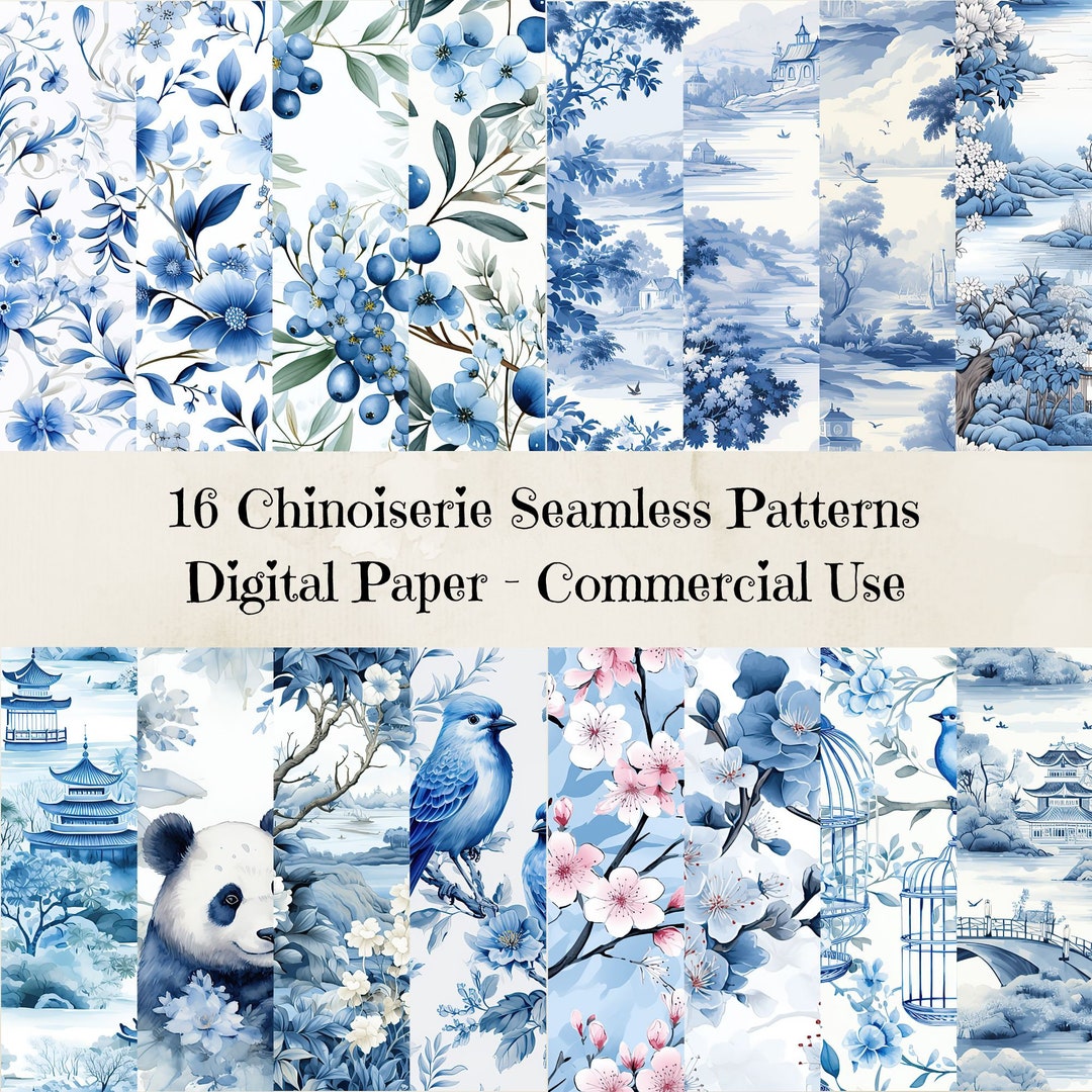 Chinoiserie Pattern Digital Papers, Vintage Chinoiserie Toile Prints ...