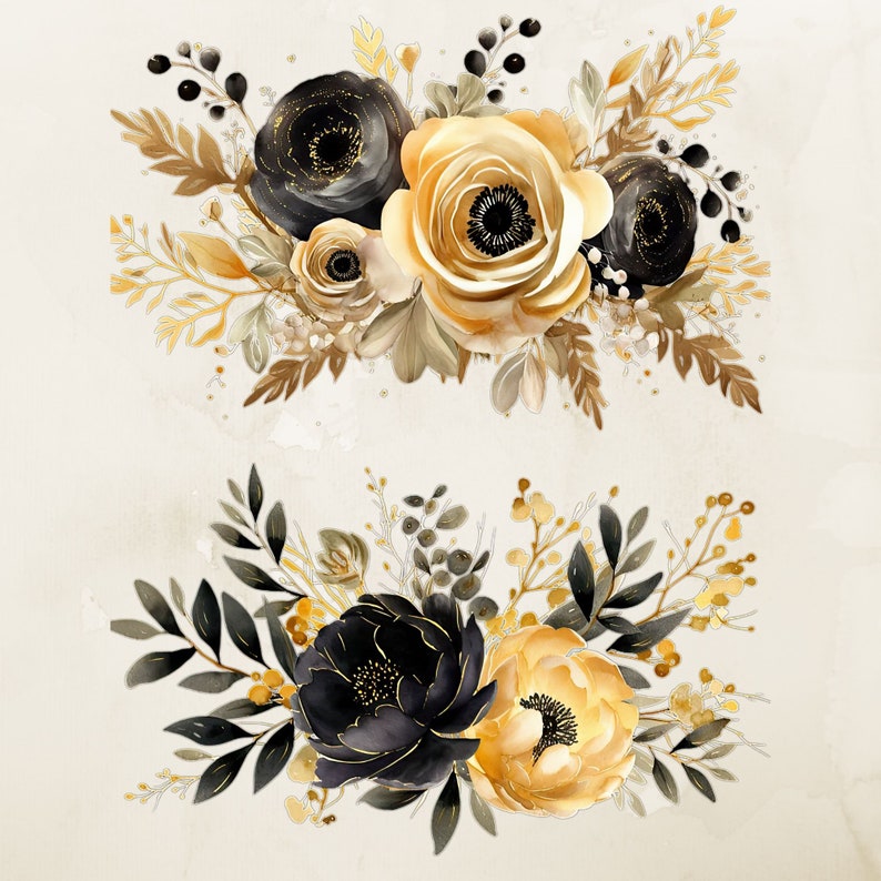 Black and Gold Bouquet Clipart, Watercolor Floral Clipart Bouquets ...