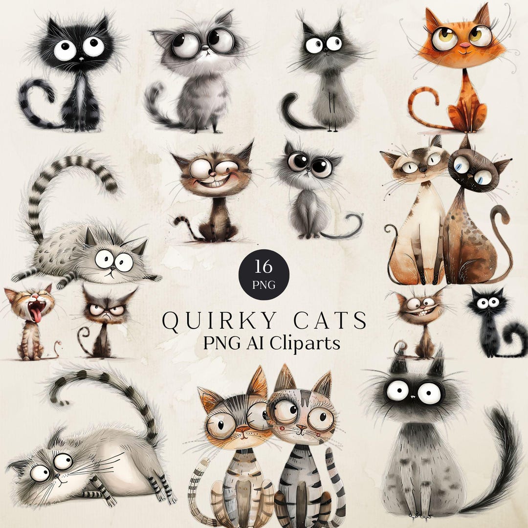 Quirky Cats Clipart, Cat Illustrative Clipart, Whimsical Cat, Quirky ...
