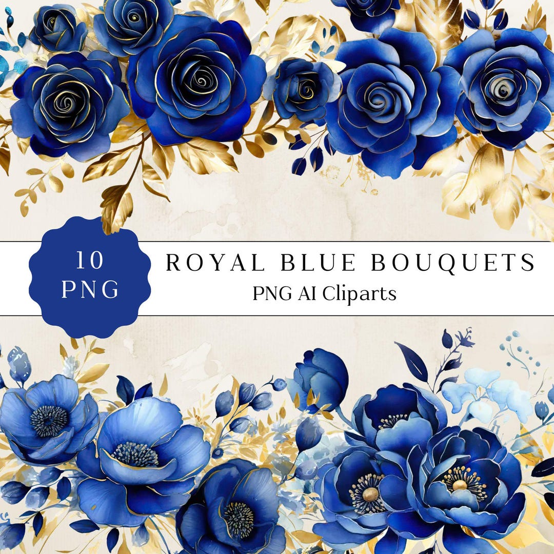 Royal Blue and Gold Floral Clipart, Gold and Blue Flower Clipart, Blue ...