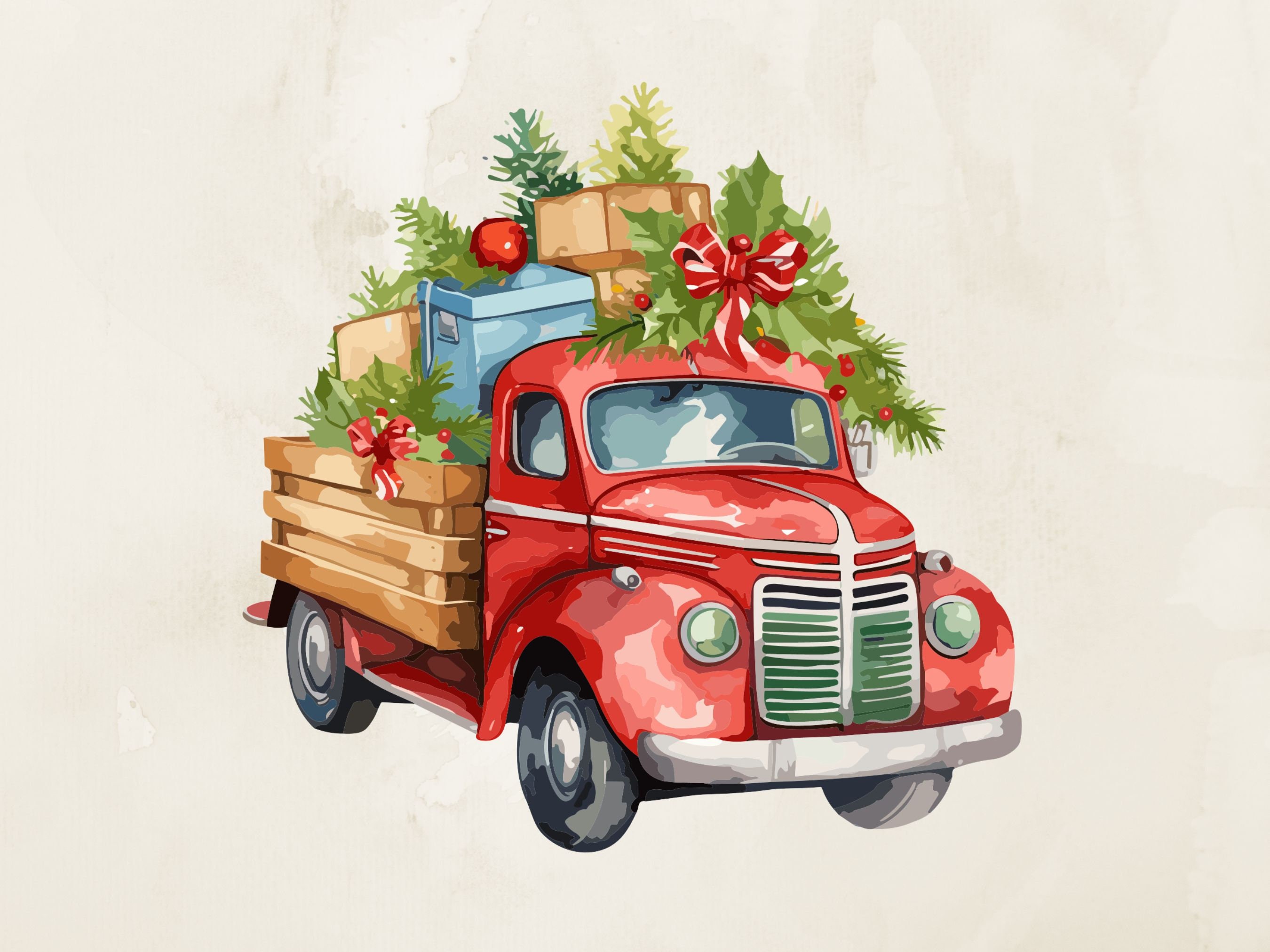 Watercolor Vintage Christmas Truck Clipart, Holiday PNG for Commercial ...