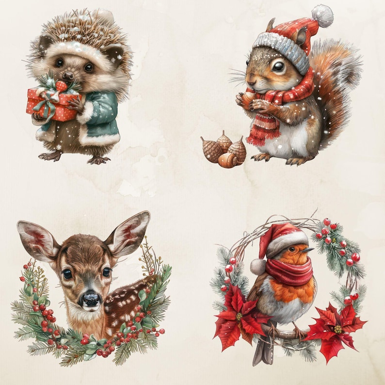 Woodland Christmas Png Clipart Bundle - Cute Forest Animals - Winter ...