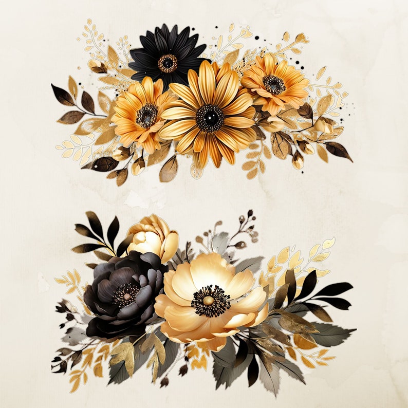Black and Gold Bouquet Clipart, Watercolor Floral Clipart Bouquets ...