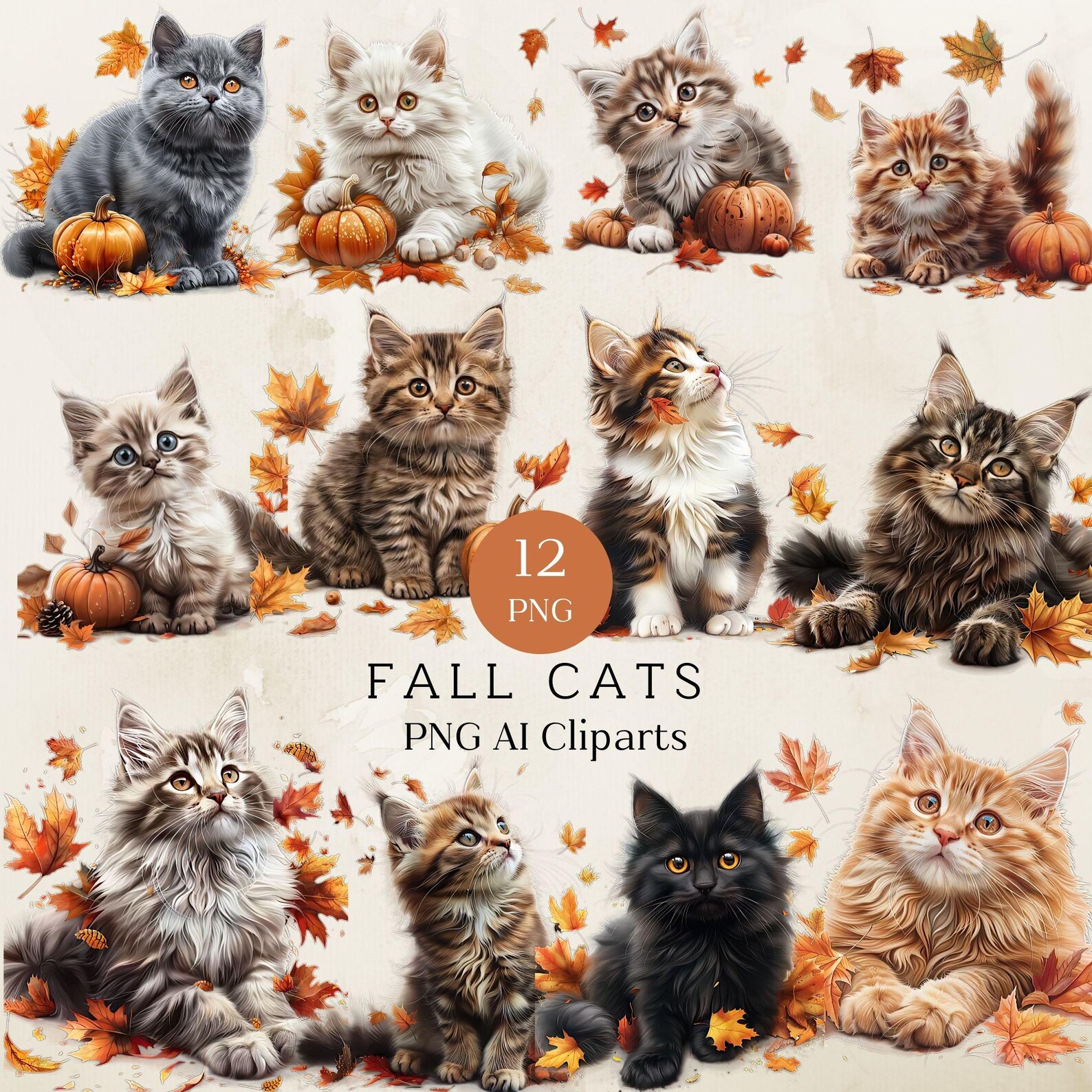 Fall Cat Clipart, Cute Autumn Cats Clipart, Cat Clip Art, Fall Cat ...