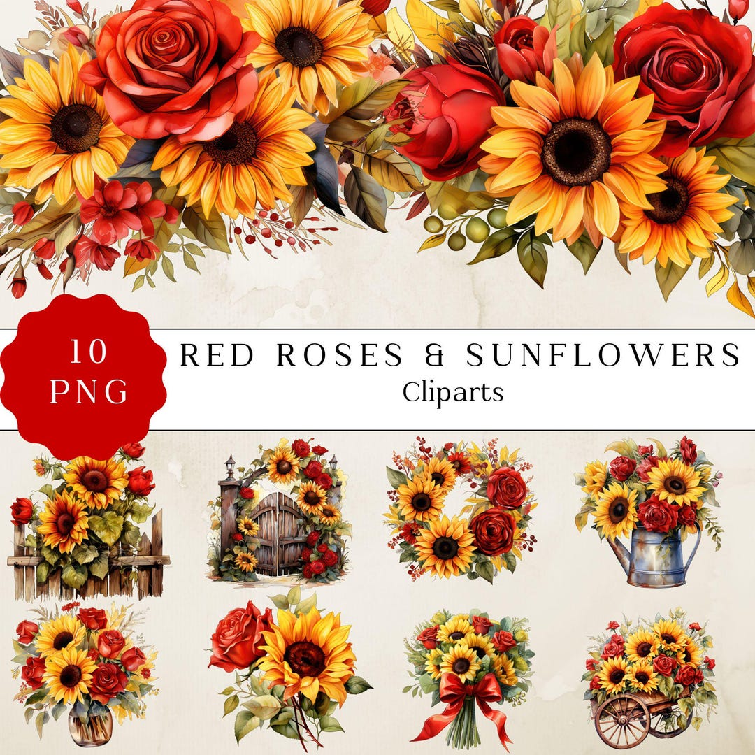 Red Roses and Sunflower Clipart, Vibrant Digital Floral Art, Beautiful ...