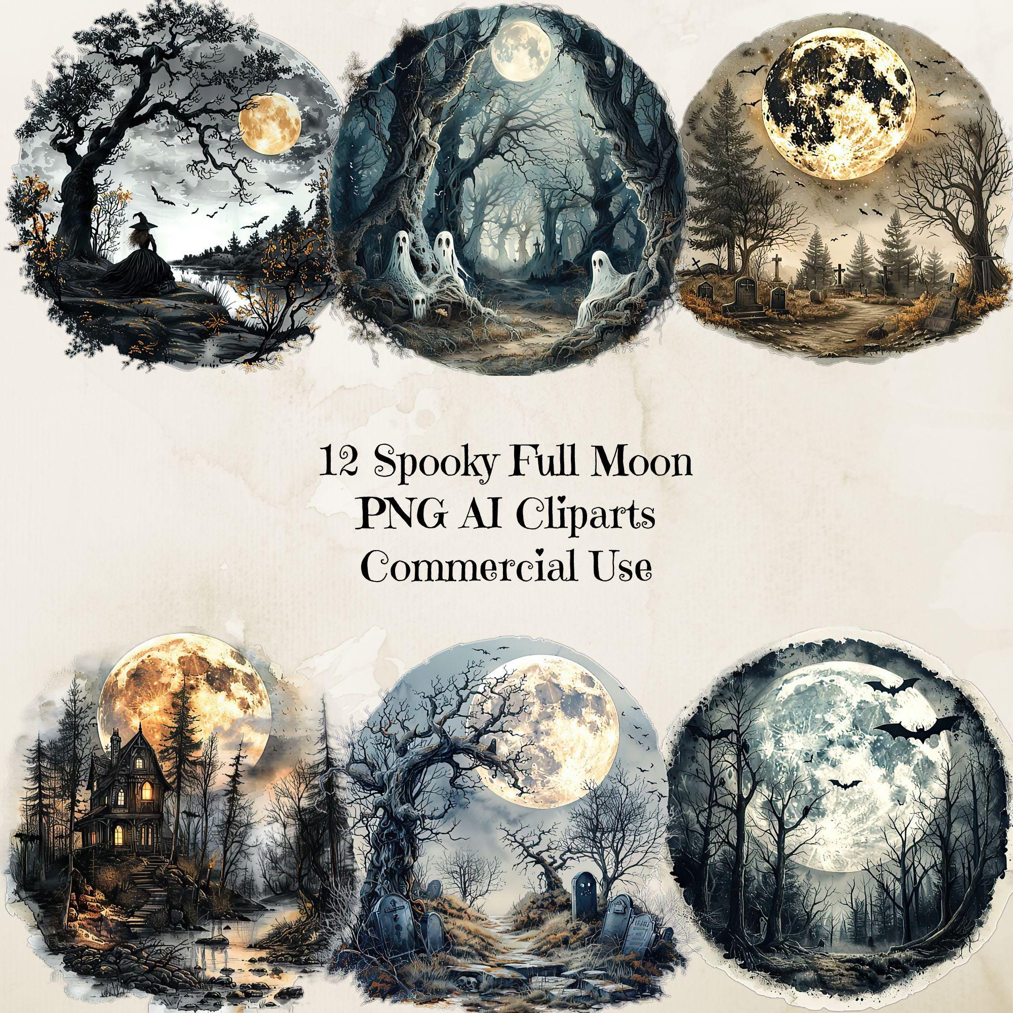 Spooky Full Moon Clipart, Halloween Party Decor, Full Moon Png, Glowing ...