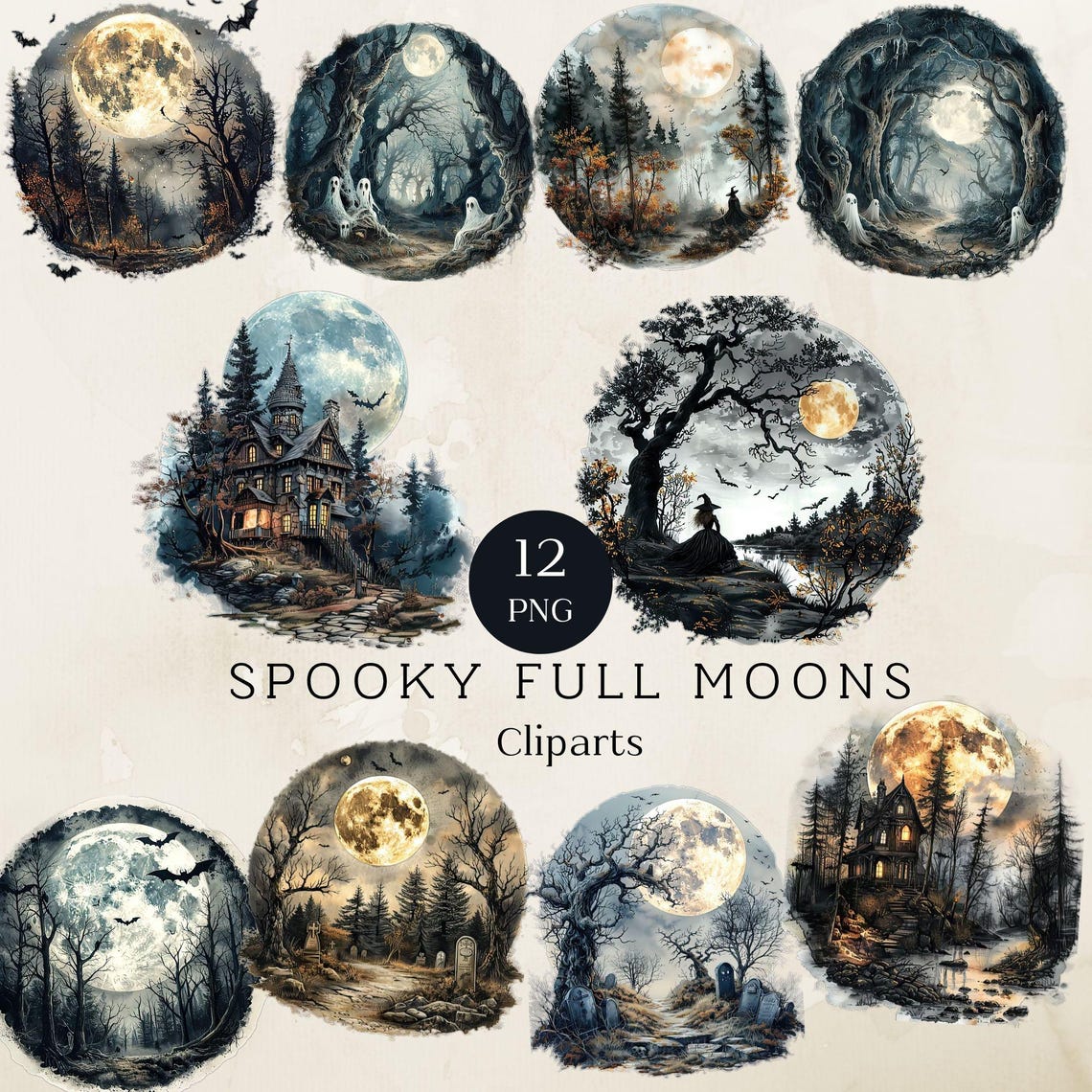 Spooky Full Moon Clipart, Halloween Party Decor, Full Moon Png, Glowing ...