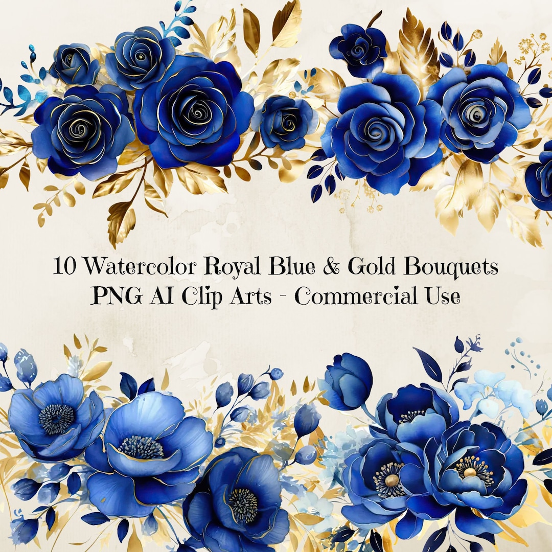 Royal Blue and Gold Floral Clipart Gold and Blue Flower - Etsy
