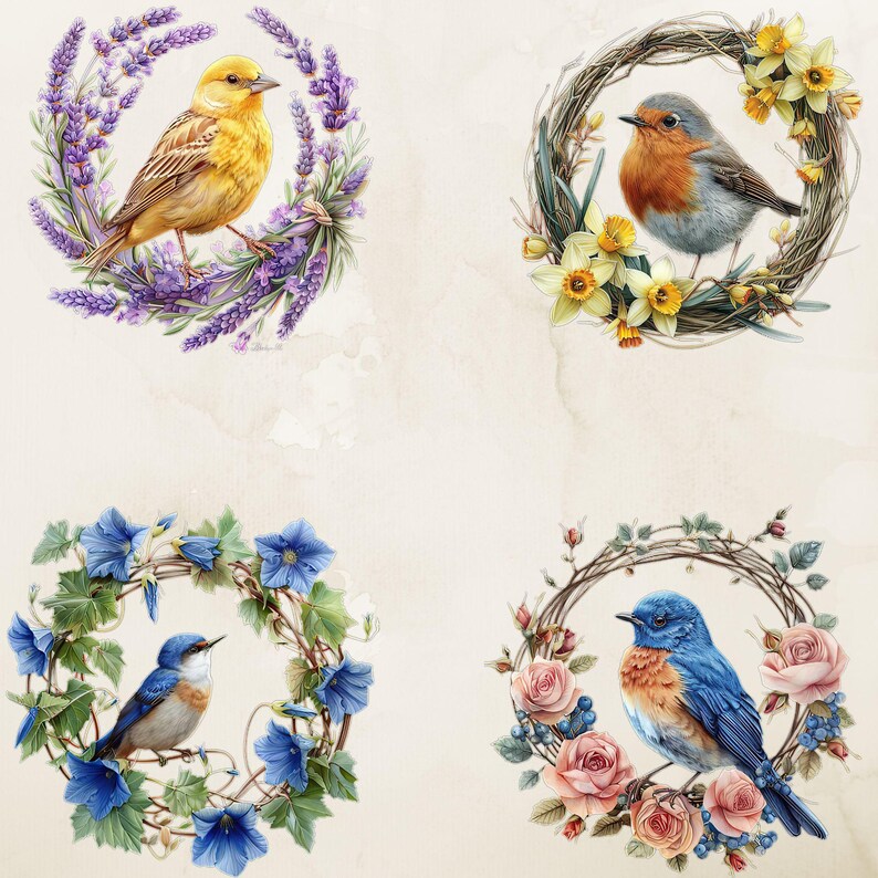 Watercolor Bird Floral Wreath Clipart, Spring Birds PNG (digital ...