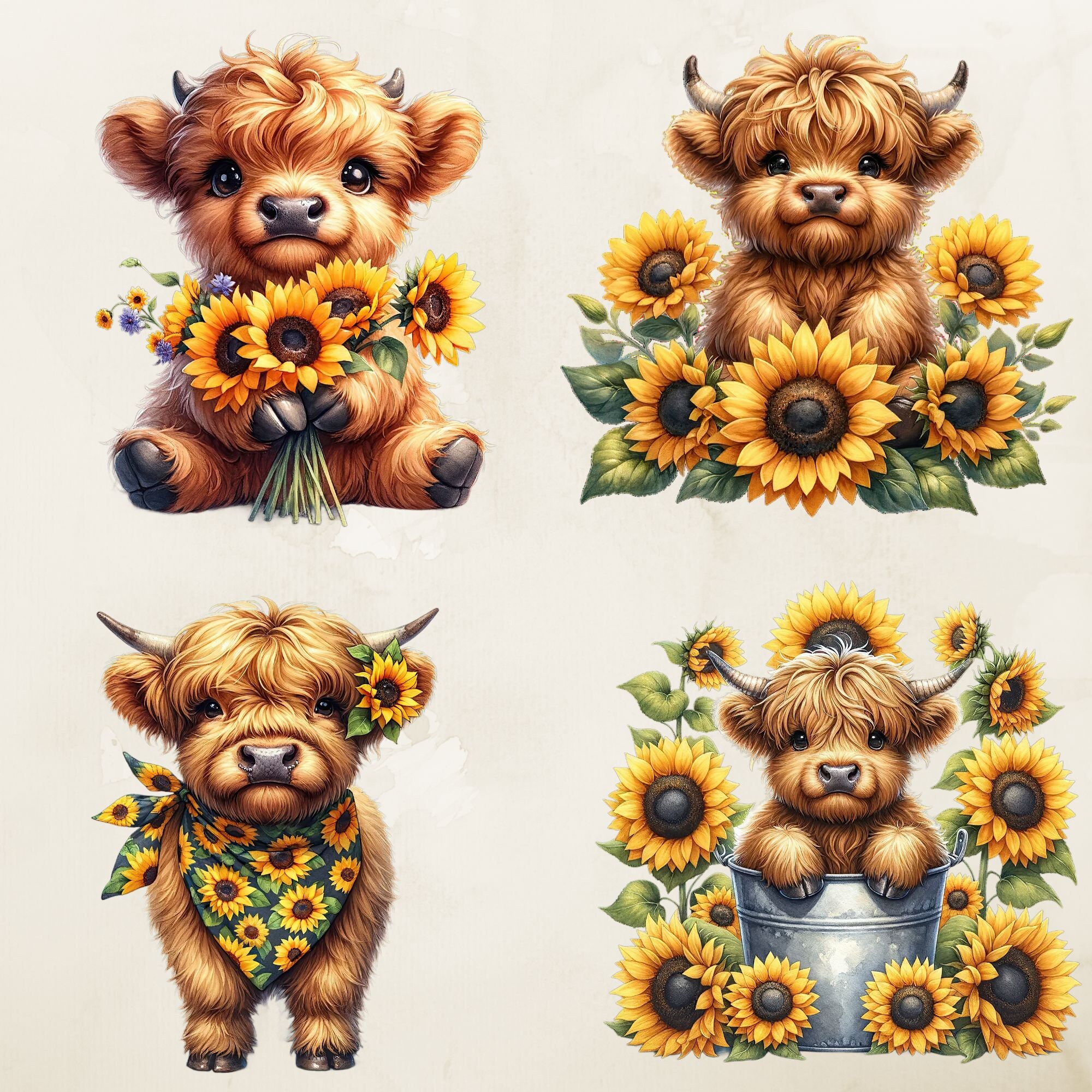 Highland Cow and Sunflower Clipart, Watercolor Sunflower Highland Cows ...