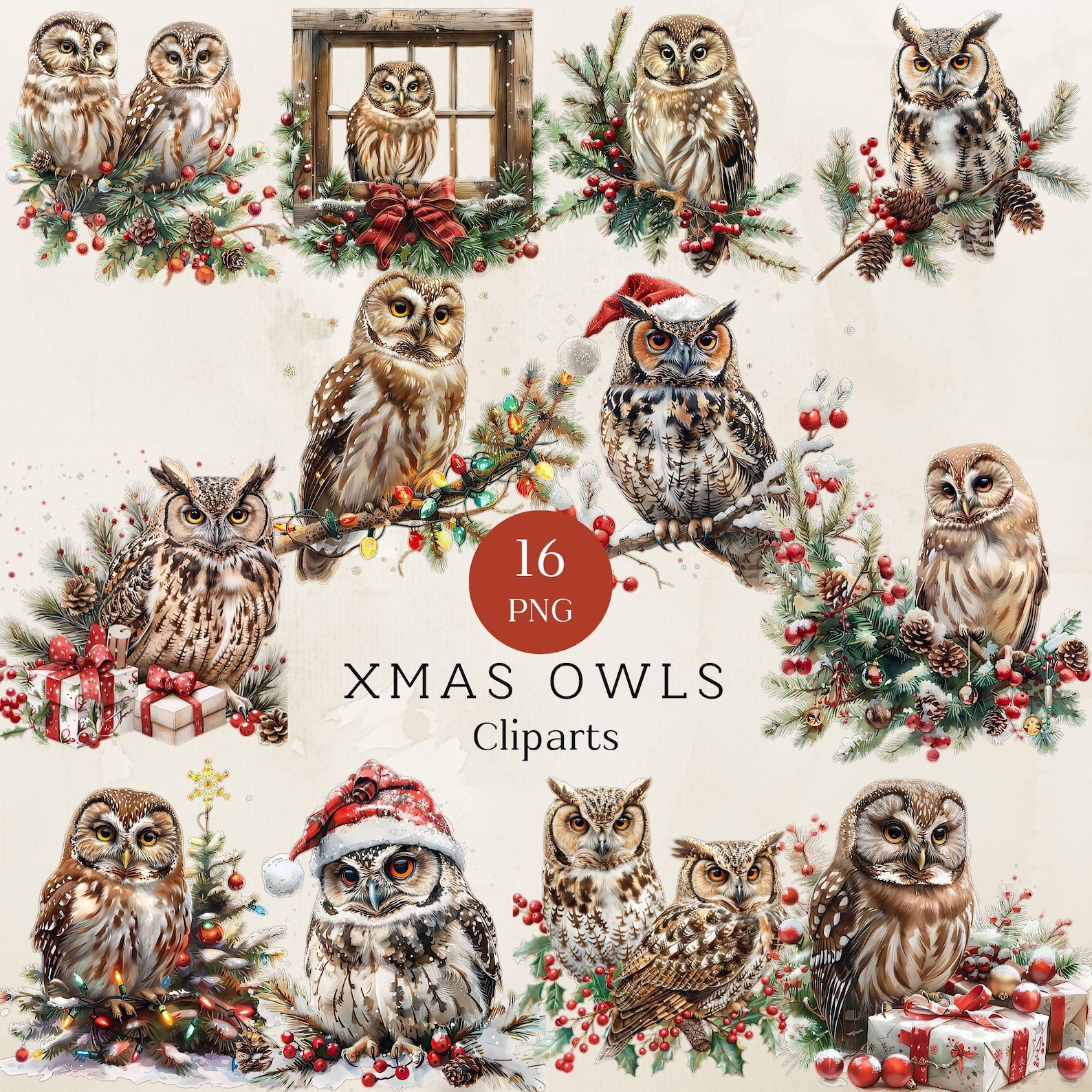 Christmas Owl Clipart, Cute Christmas Owl Clipart Bundle, Christmas Owl ...