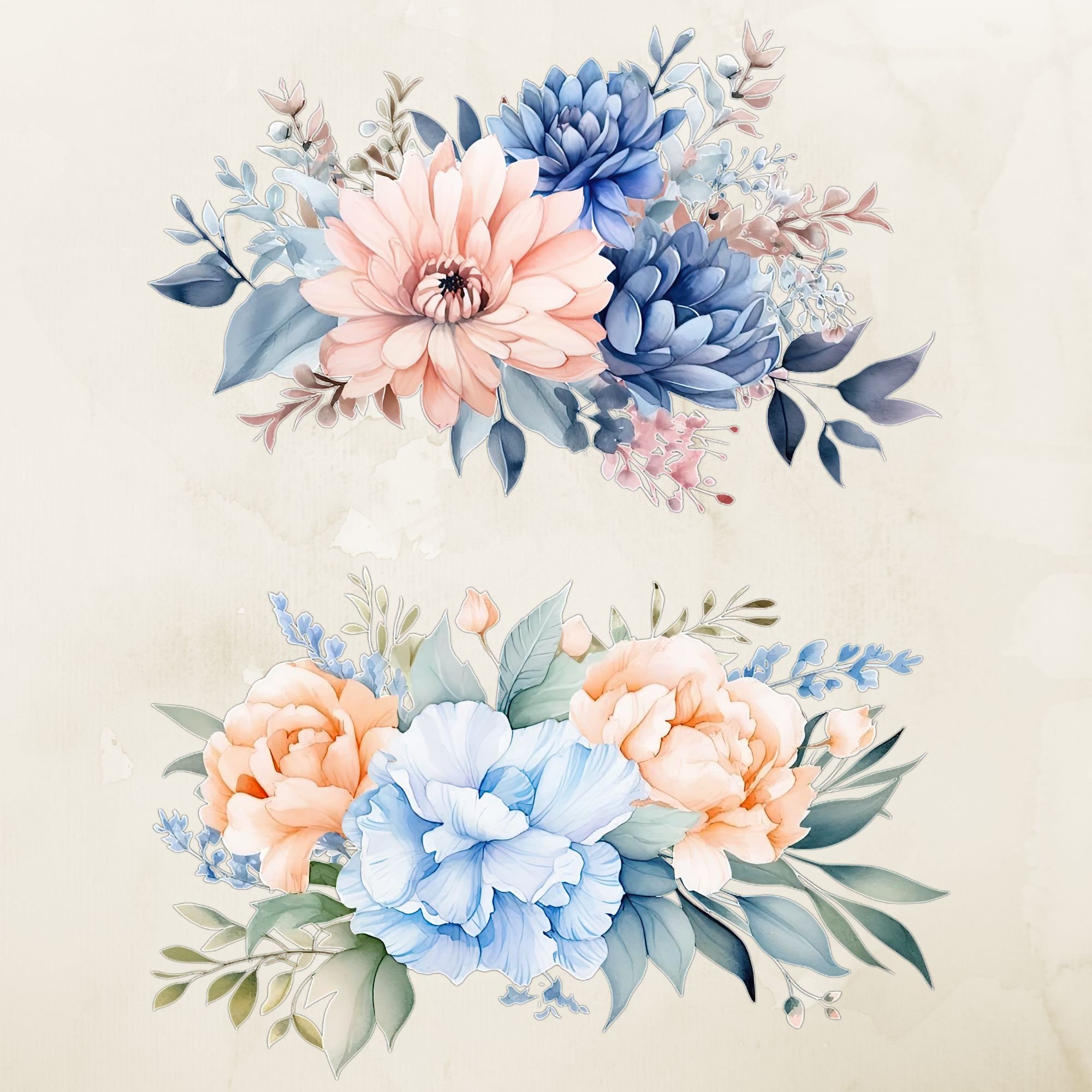 Blue and Peach Floral Bouquet Clipart, Digital Clipart- Watercolor ...